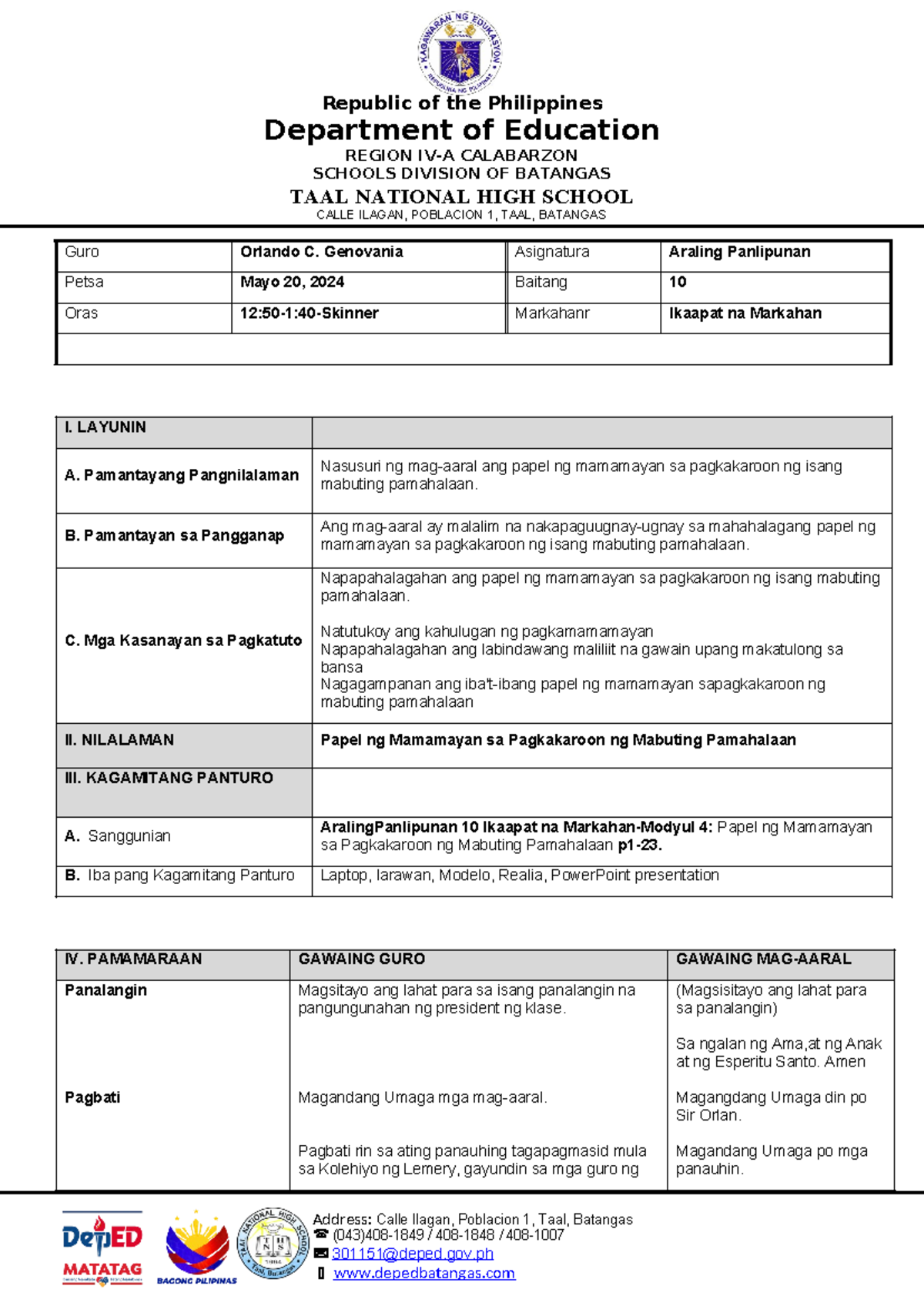 Detalyadong Banghay - none - Department of Education REGION IV-A ...