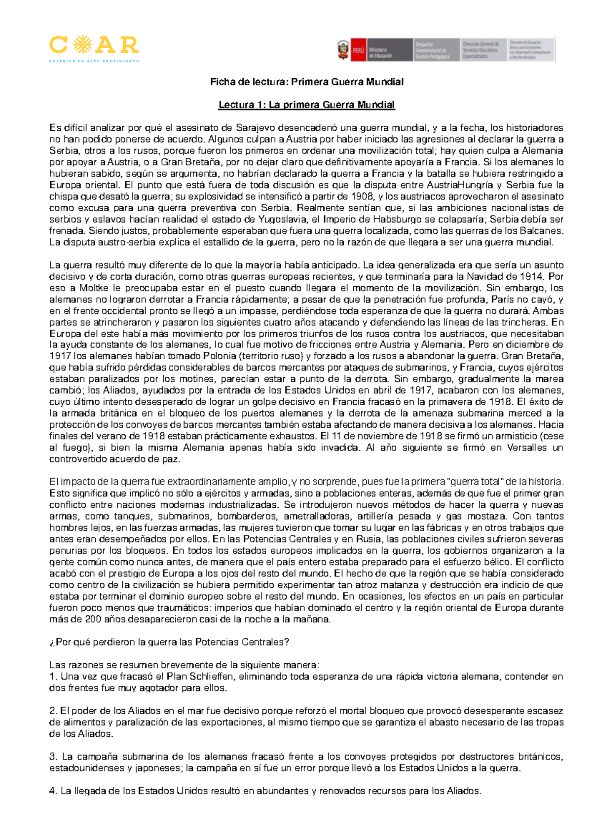 Ficha de lectura primera Guerra Mundial - Ficha de lectura: Primera ...