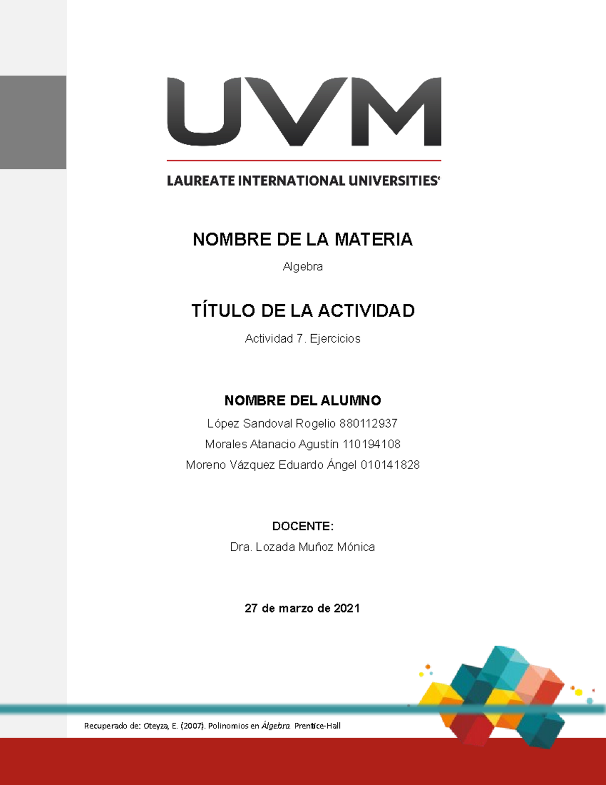 A07 EQ2 GPO40A - Actividad 7 algebra - NOMBRE DE LA MATERIA Algebra ...