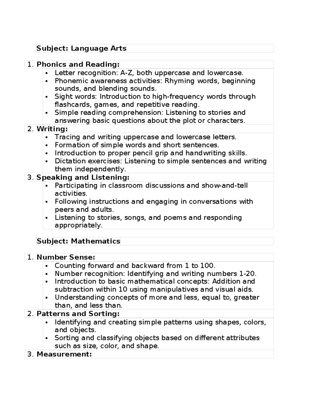 Course outlines for KG - Subject: Language Arts 1. Phonics and Reading ...