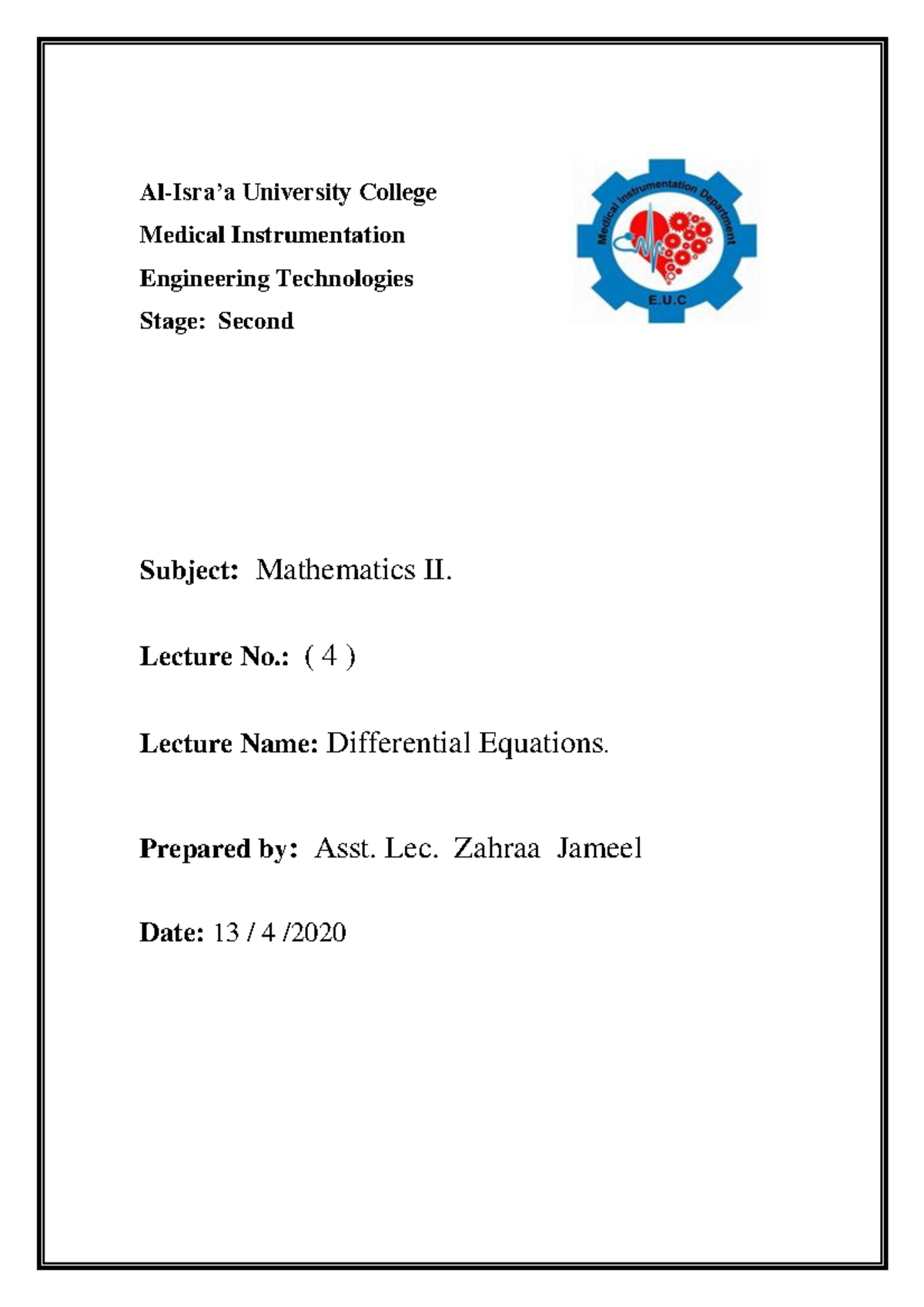 Differential Equations - Subject: Mathematics II. Lecture No.: ( 4 ...