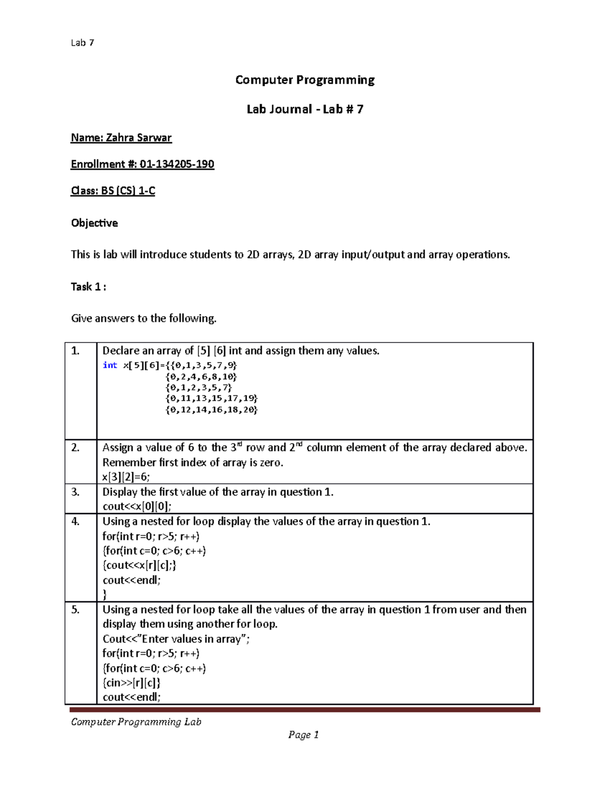 Computer Programming Lab 7 - Computer Science - BU - Studocu