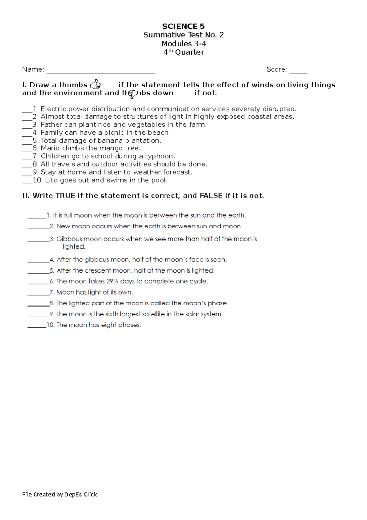 Science 5 ST2 Q4 - Quiz - SCIENCE 5 Summative Test No. 2 Modules 3- 4 ...