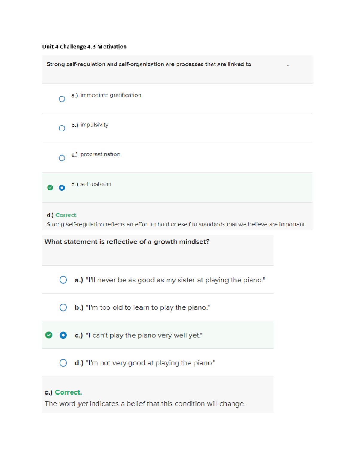 Intro to psychology Unit 4 Challenge 4.3 Motivation - Unit 4 Challenge ...