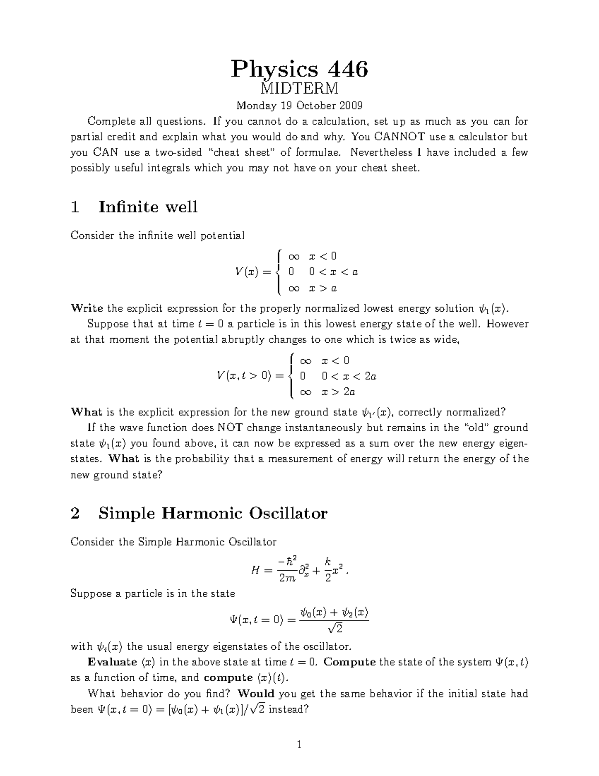Exam October 2009, questions - Physics 446 MIDTERM Monday 19 October ...
