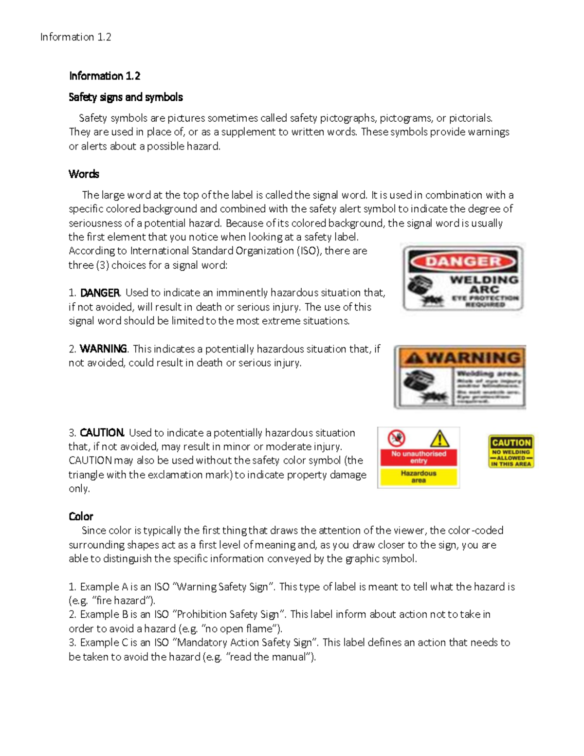 Safety Signs and Symbols used in SMAW - Information 1. Safety signs and ...