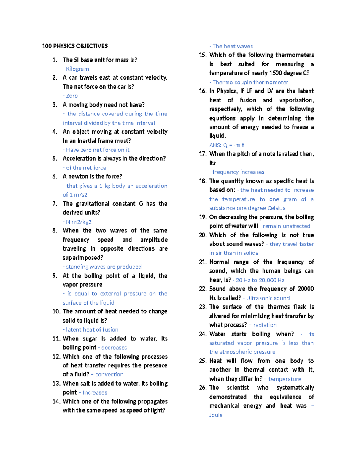 Physics 101 - 100 PHYSICS OBJECTIVES The SI base unit for mass is ...