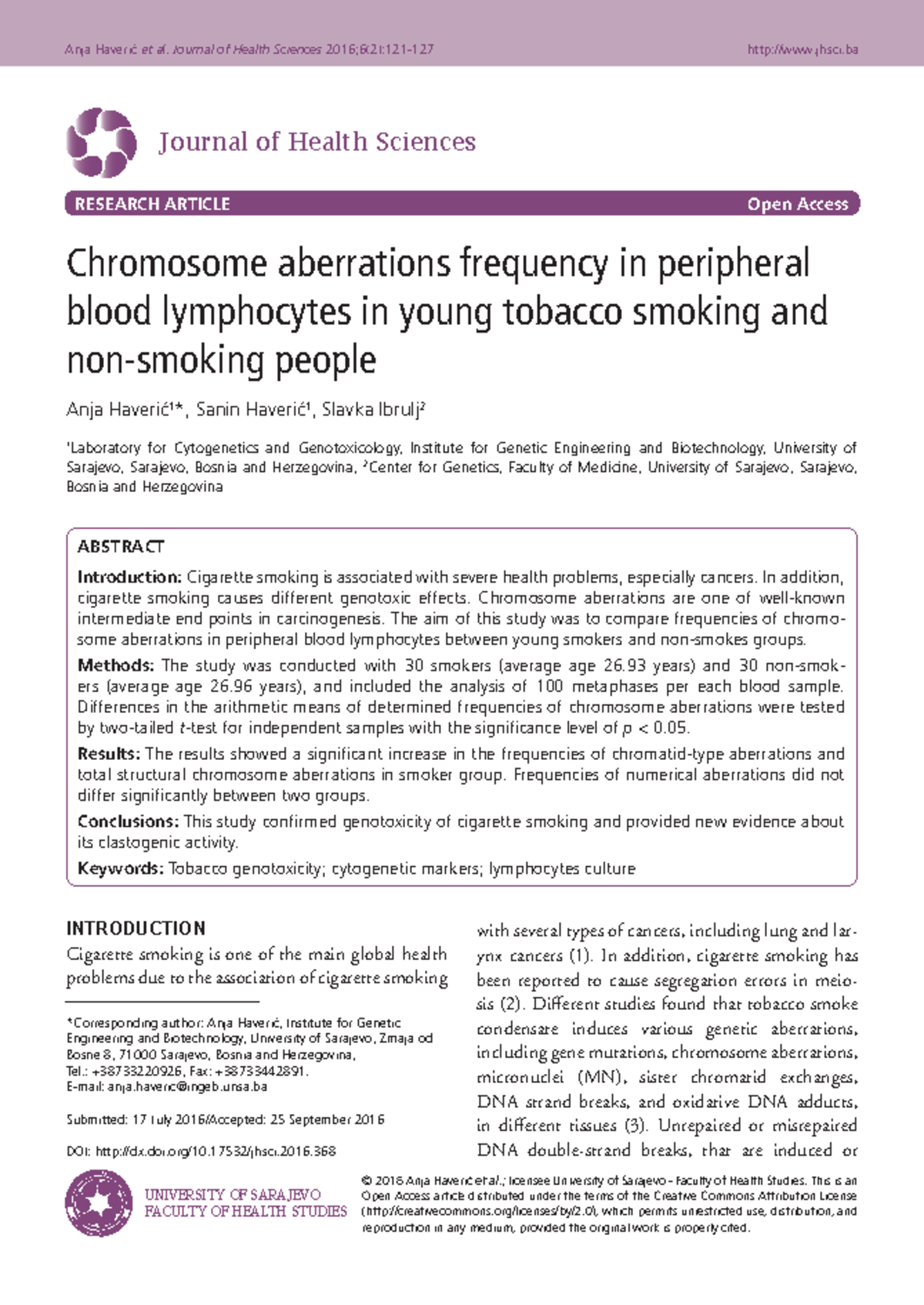 Chromosome aberrations frequen - Anja Haverić et al. Journal of Health Sciences 2016;6(2):121 ...