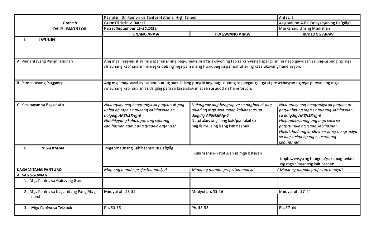 Final AP8 First LC6-10 Myrna - Paaralan: Dr. Ramon de Santos National High School Antas: 8 Grade ...