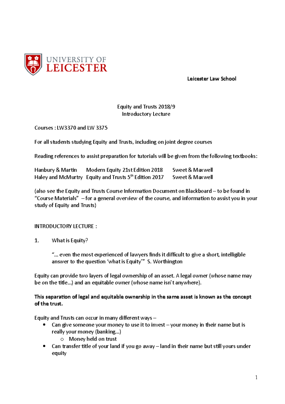 Introductory, and Creation of Express Private Trusts L1 - Leicester Law ...