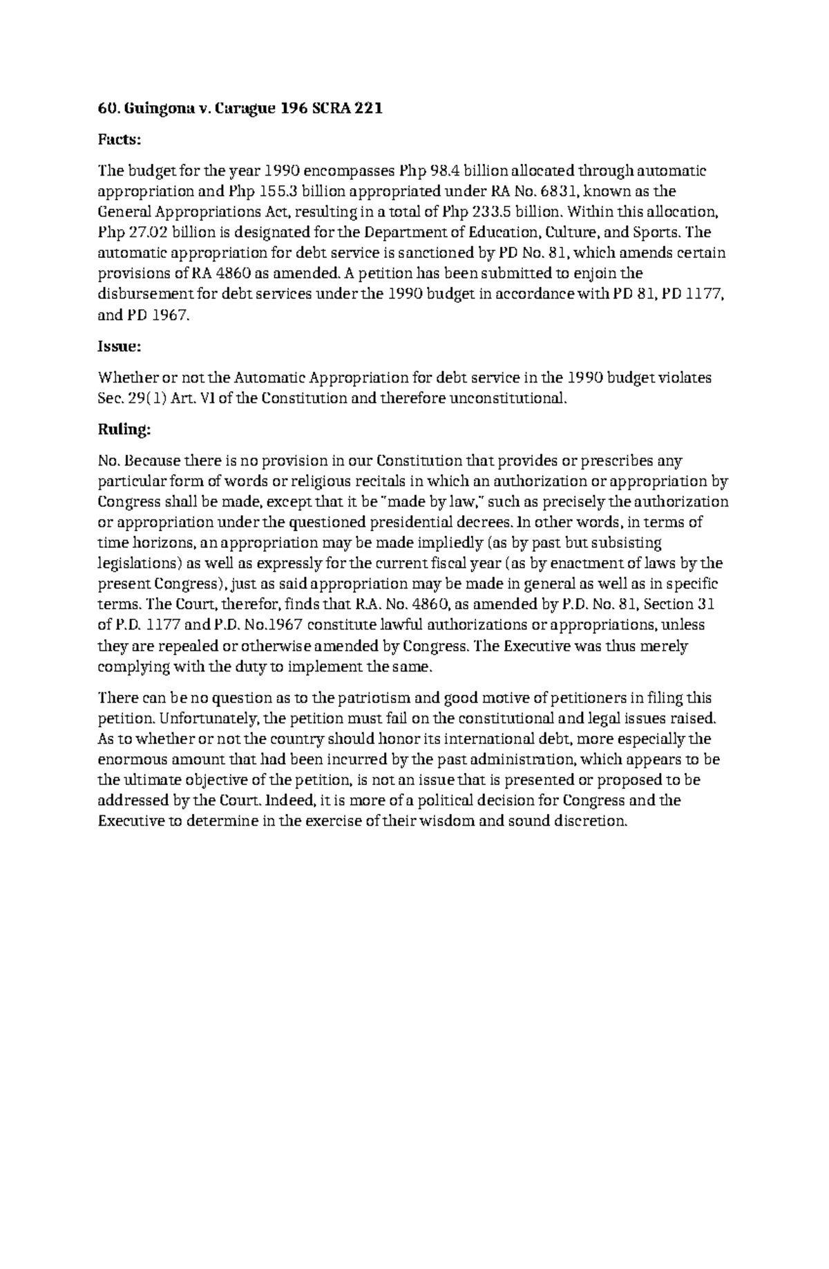 60. Guingona v. Carague 196 SCRA 221 - Guingona v. Carague 196 SCRA 221 ...