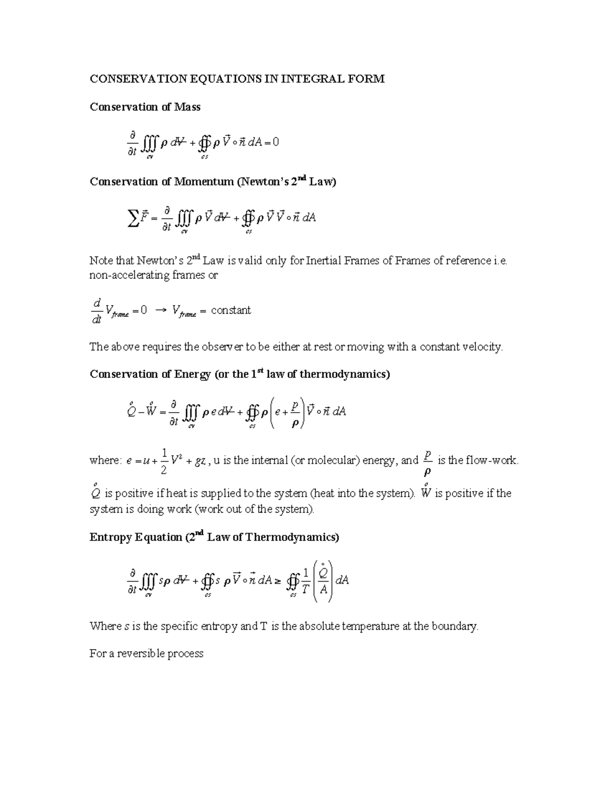 Conservation Equations IN Integral FORM-2 - CONSERVATION EQUATIONS IN ...