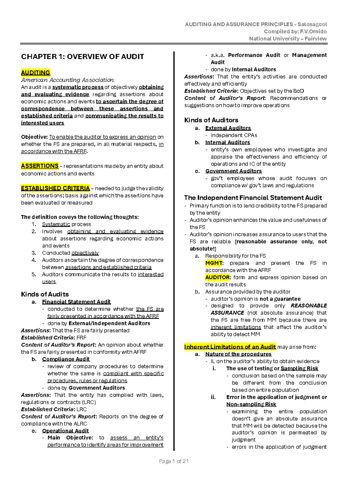 Auditing Theory Notes - Chapter 1 - AUDITING AND ASSURANCE PRINCIPLES ...
