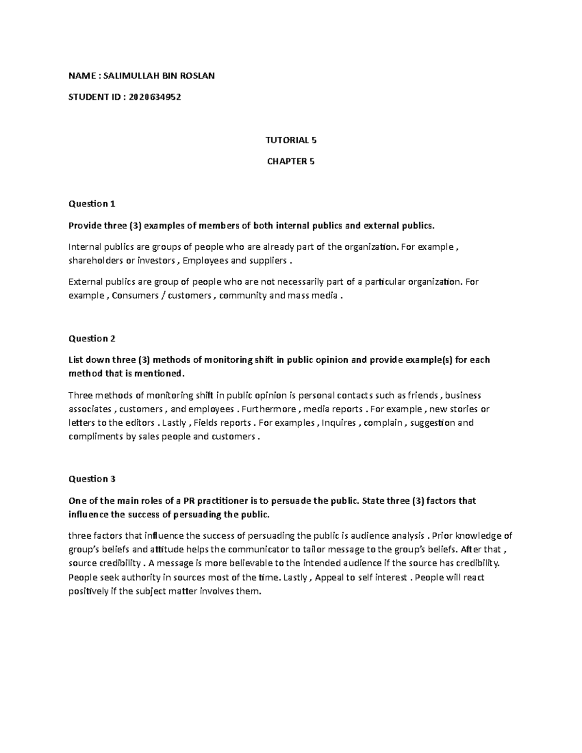 MKT310 TT C5 - NAME : SALIMULLAH BIN ROSLAN STUDENT ID : 2020634952 TUTORIAL 5 CHAPTER 5 ...