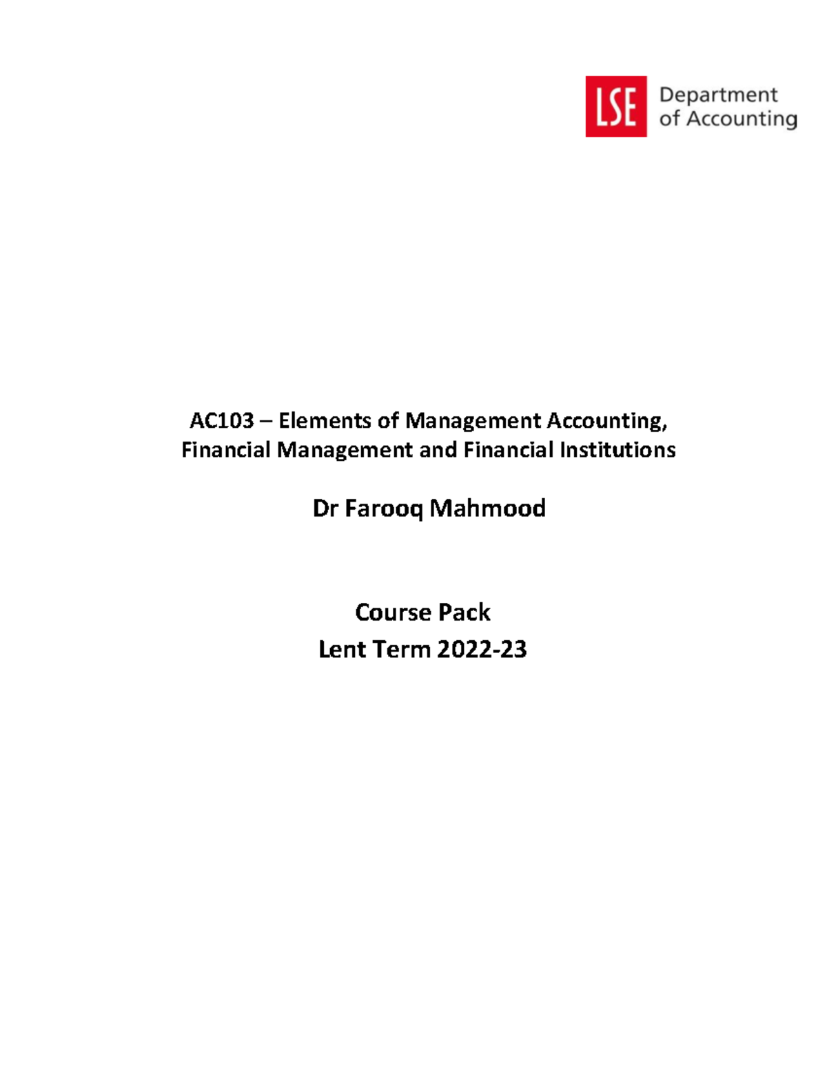 AC103 2023 Coursepack - All the class exercises - AC103 – Elements of ...