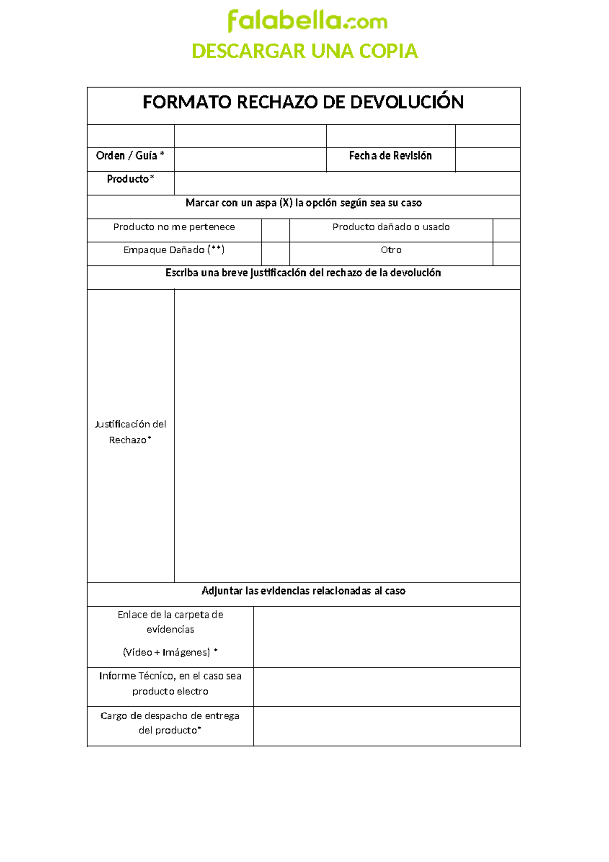 Formato Rechazo DE Devolución - DESCARGAR UNA COPIA FORMATO RECHAZO DE ...