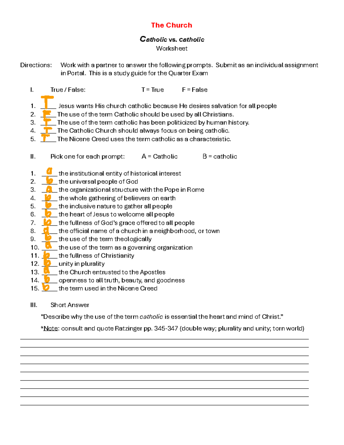 The Church Catholicvs - Balancing Ws assignment - The Church Catholic ...