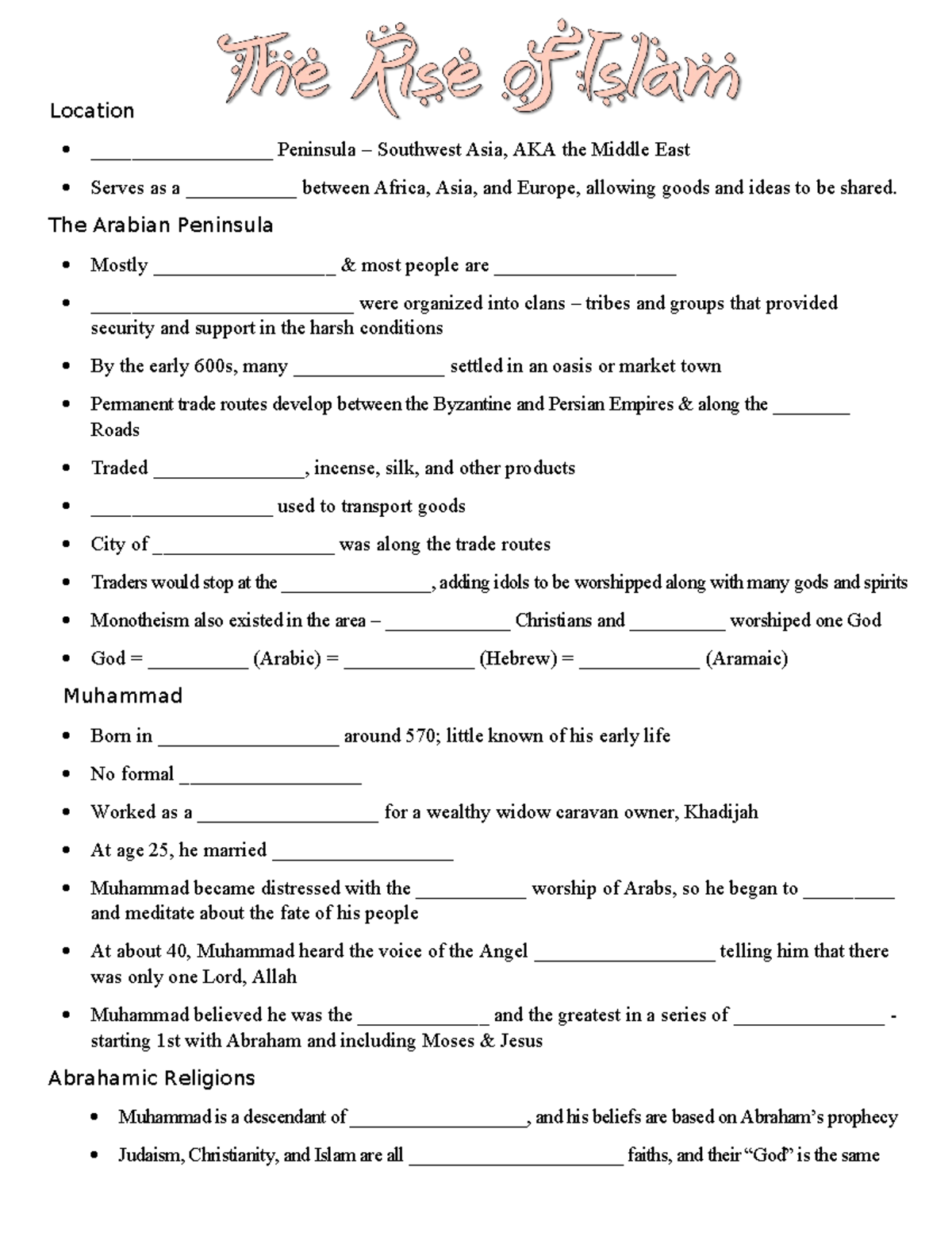 01 - Rise of Islam Guided Notes Page - Location ...