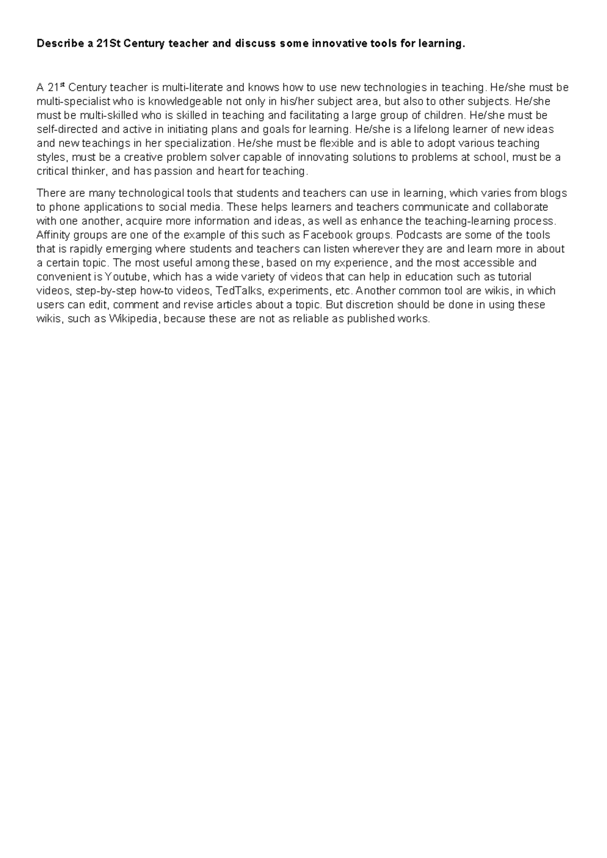 Assignment 1 Describe a 21St Century teacher and discuss some ...