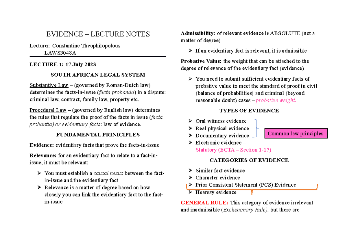 Evidence Lecture Notes - EVIDENCE – LECTURE NOTES Lecturer: Constantine ...