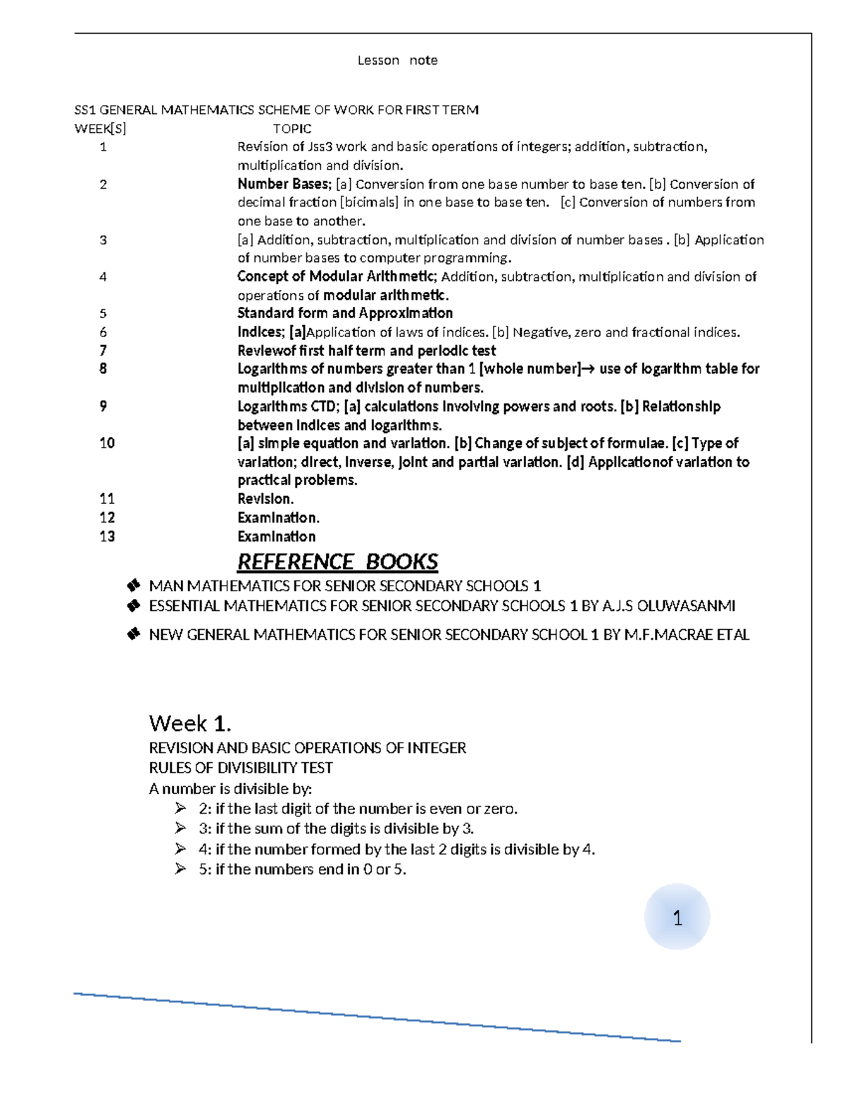 MATHEMATICS For Learners SS1 GENERAL MATHEMATICS SCHEME OF
