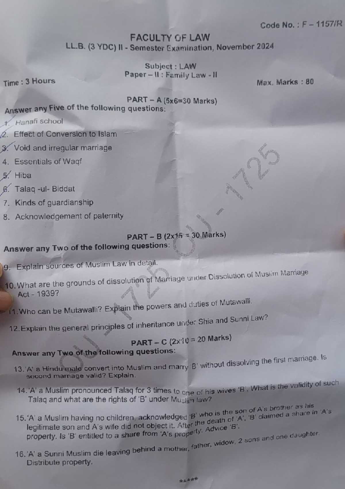 Llb 2nd sem 2024 question papers ou - Code No. : F I FACULTY OF LAW LL. (3 YDC) II Semester ...