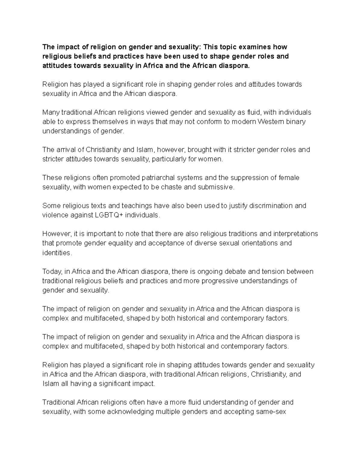 AFST 16 - Notes on Africana Studies 171 - The impact of religion on ...