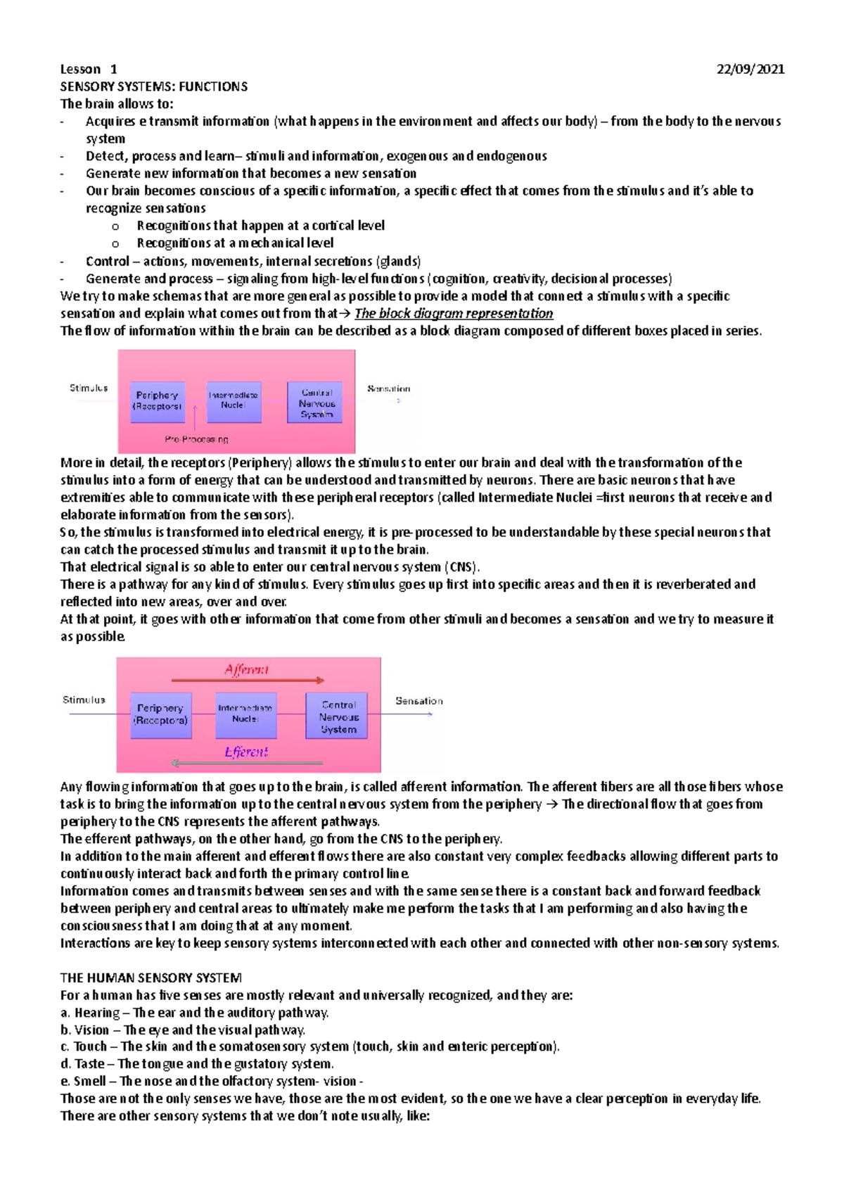 Lesson -1- Sensory Systems Functions - Lesson 1 22/09/ SENSORY SYSTEMS ...