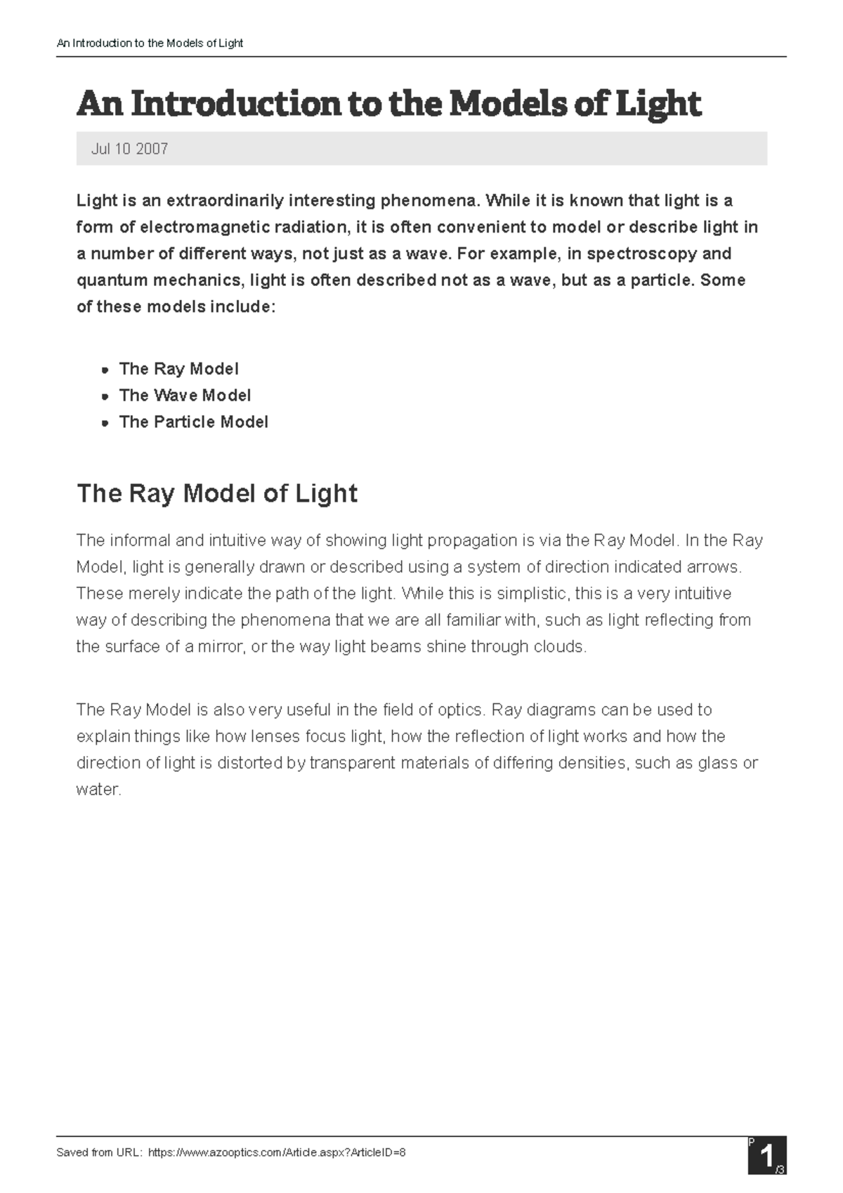 An Introduction to the Models of Light - While it is known that light ...