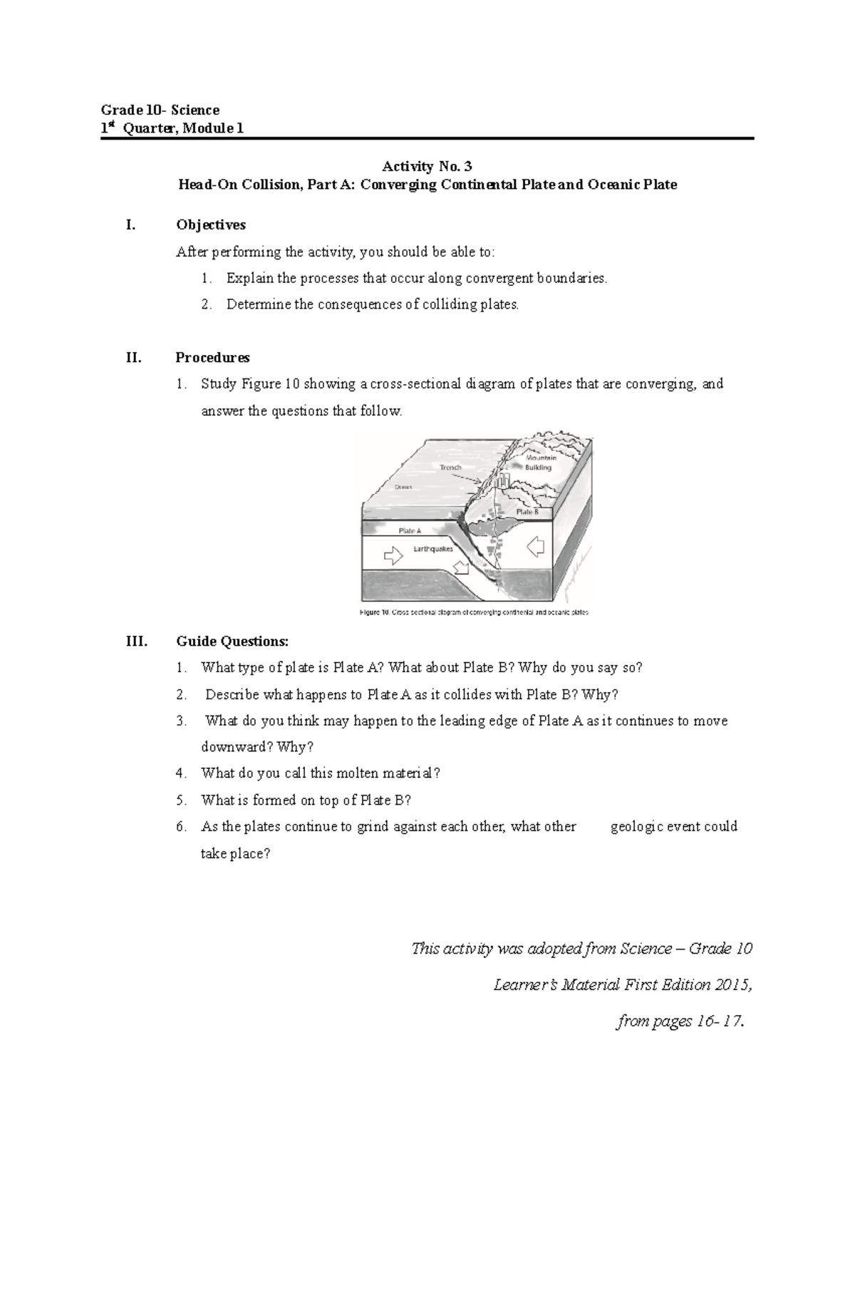 3.1 Activity and Rubrics - Grade 10- Science 1st Quarter, Module 1 Activity No. 3 Head-On ...