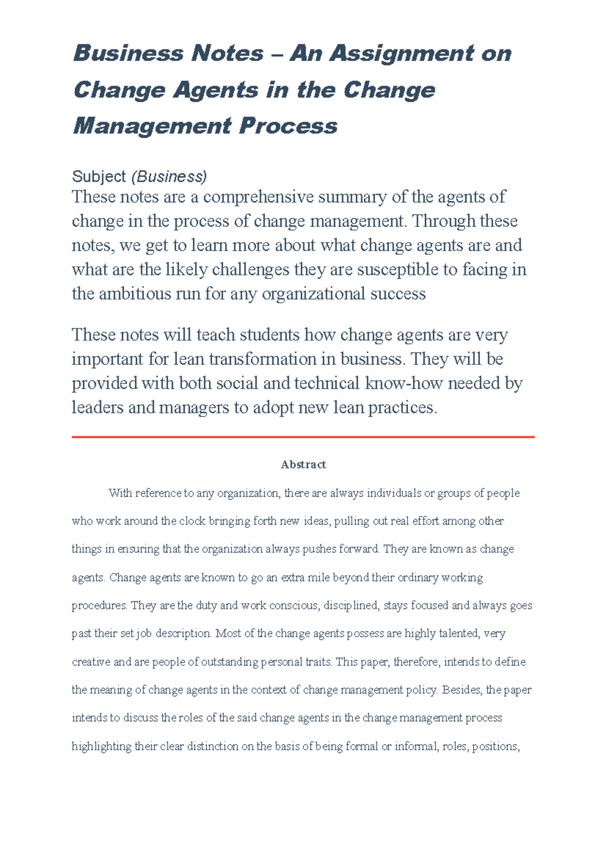 Change Agents in the Change Management Process - Business Notes – An ...