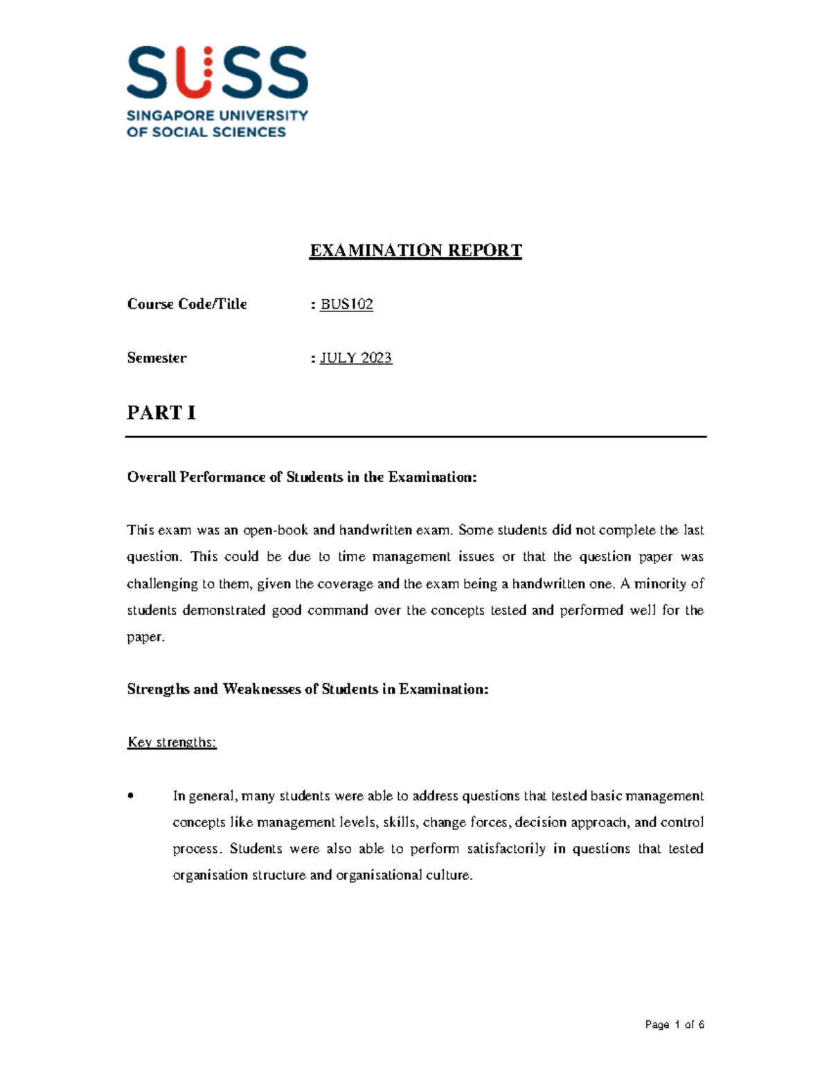 BUS102 Examination Report Jul 2023 Semester - EXAMINATION REPORT Course ...