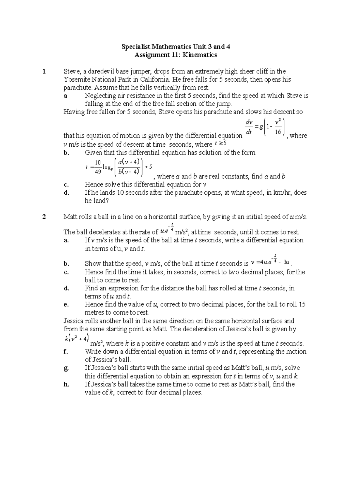 Assignment 11 Kinematics - Specialist Mathematics Unit 3 and 4 ...