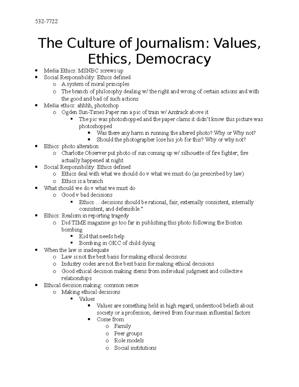 Chapter 14 Class Notes - The Culture of Journalism: Values, Ethics ...