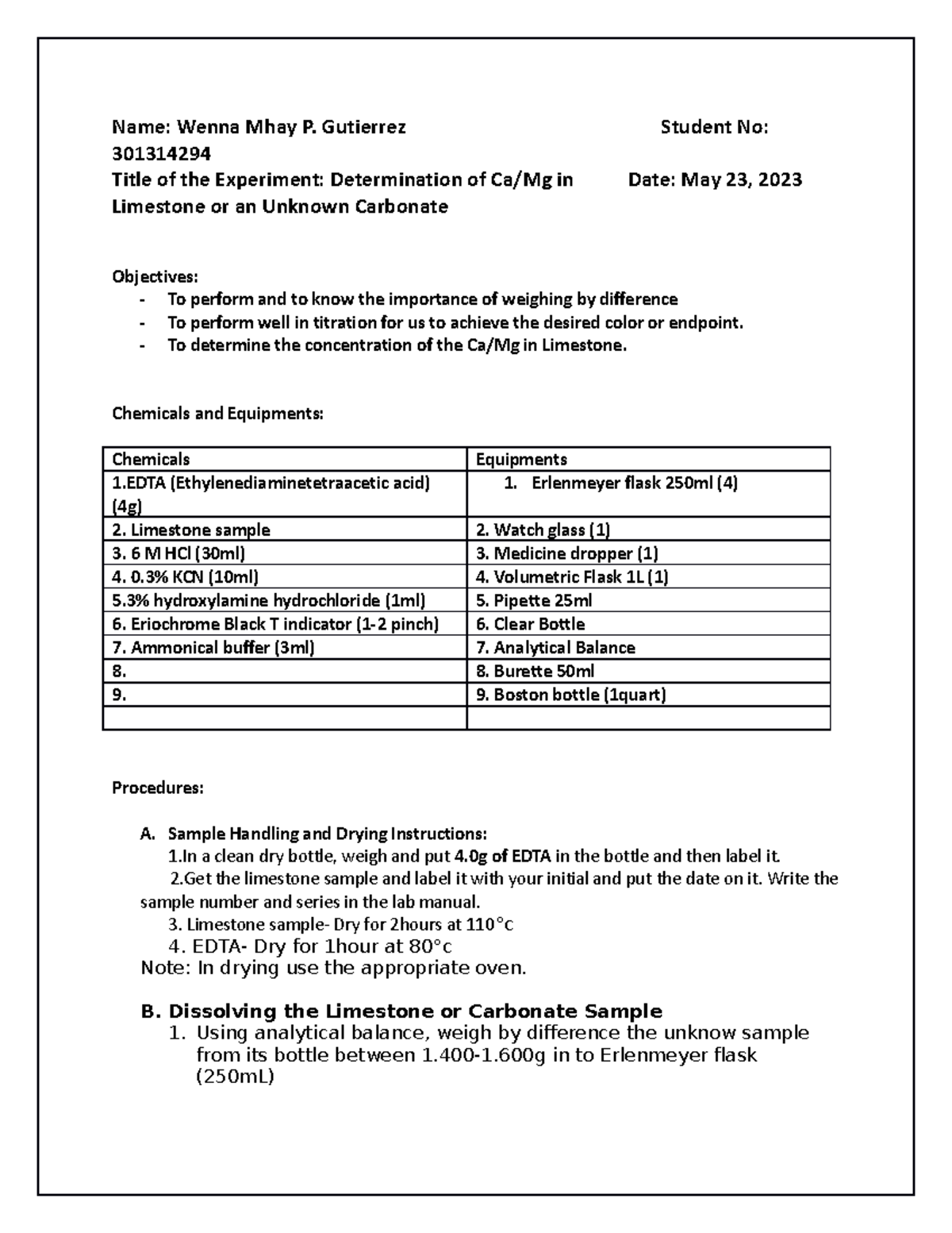 Prelab procedure 5 - Name: Wenna Mhay P. Gutierrez Student No ...