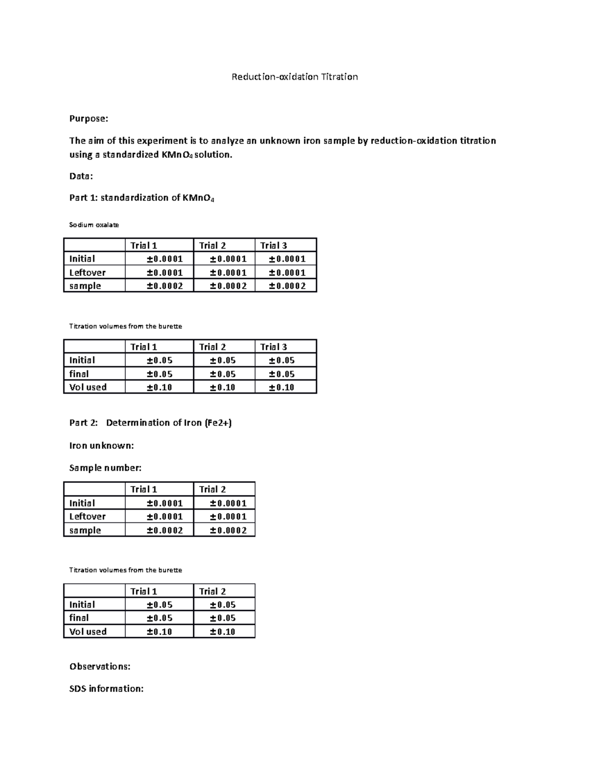 Pre lab - lecture notes - Reduction-oxidation Titration Purpose: The ...