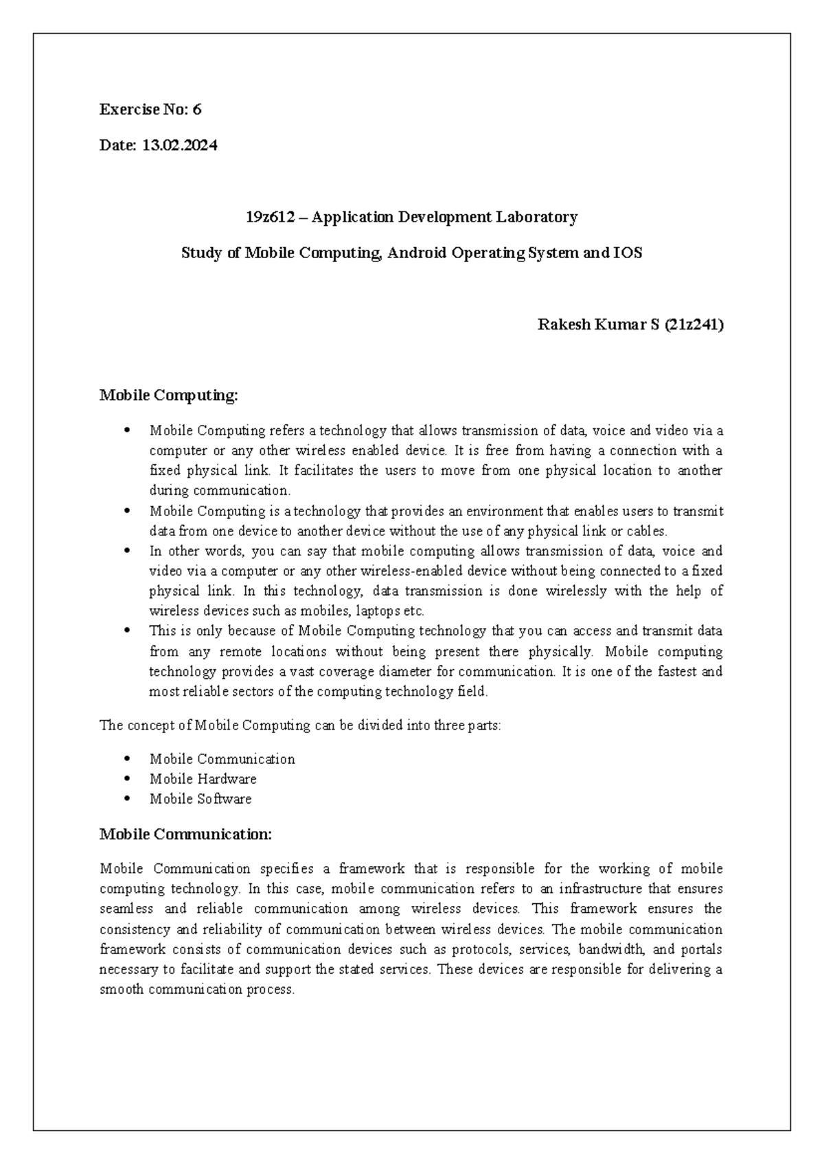 21z241 - 6 - Study Ex Mobile Computing - Exercise No: 6 Date: 13 ...