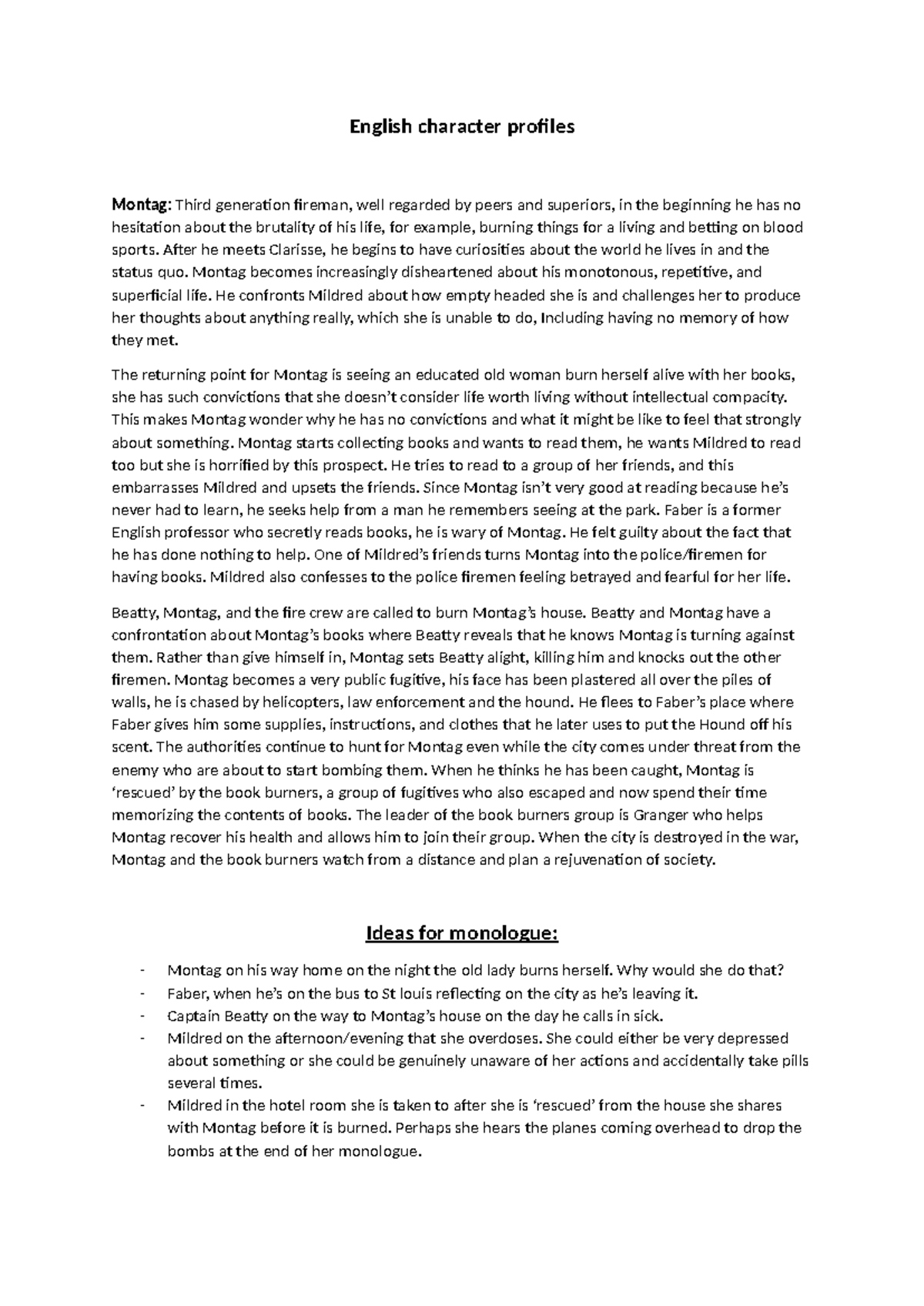 English character profiles - English character profiles Montag: Third ...