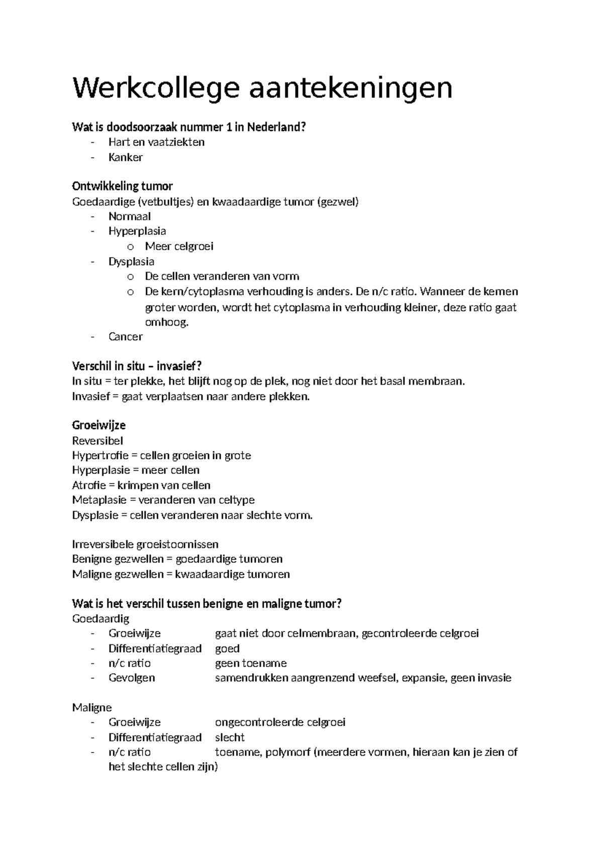 Pathologie - werkcollege aantekeningen - Werkcollege aantekeningen Wat ...