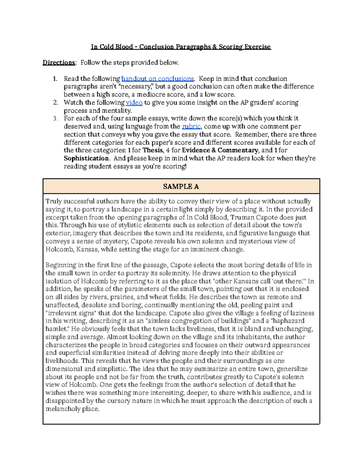 In Cold Blood - Conclusion Paragraphs & Scoring Exercise - In Cold ...