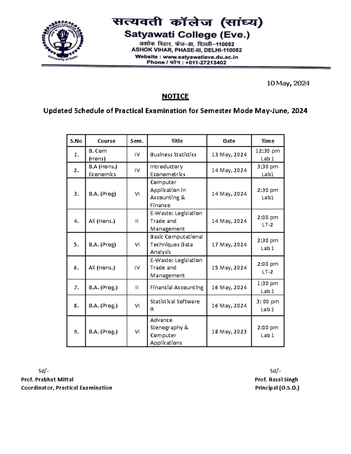 Updated Schedule of Practical Examination - 10 May, 2024 NOTICE Updated ...