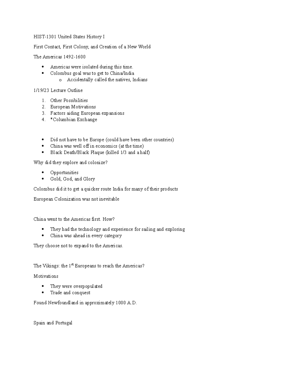 History Notes - HIST-1301 United States History I First Contact, First ...