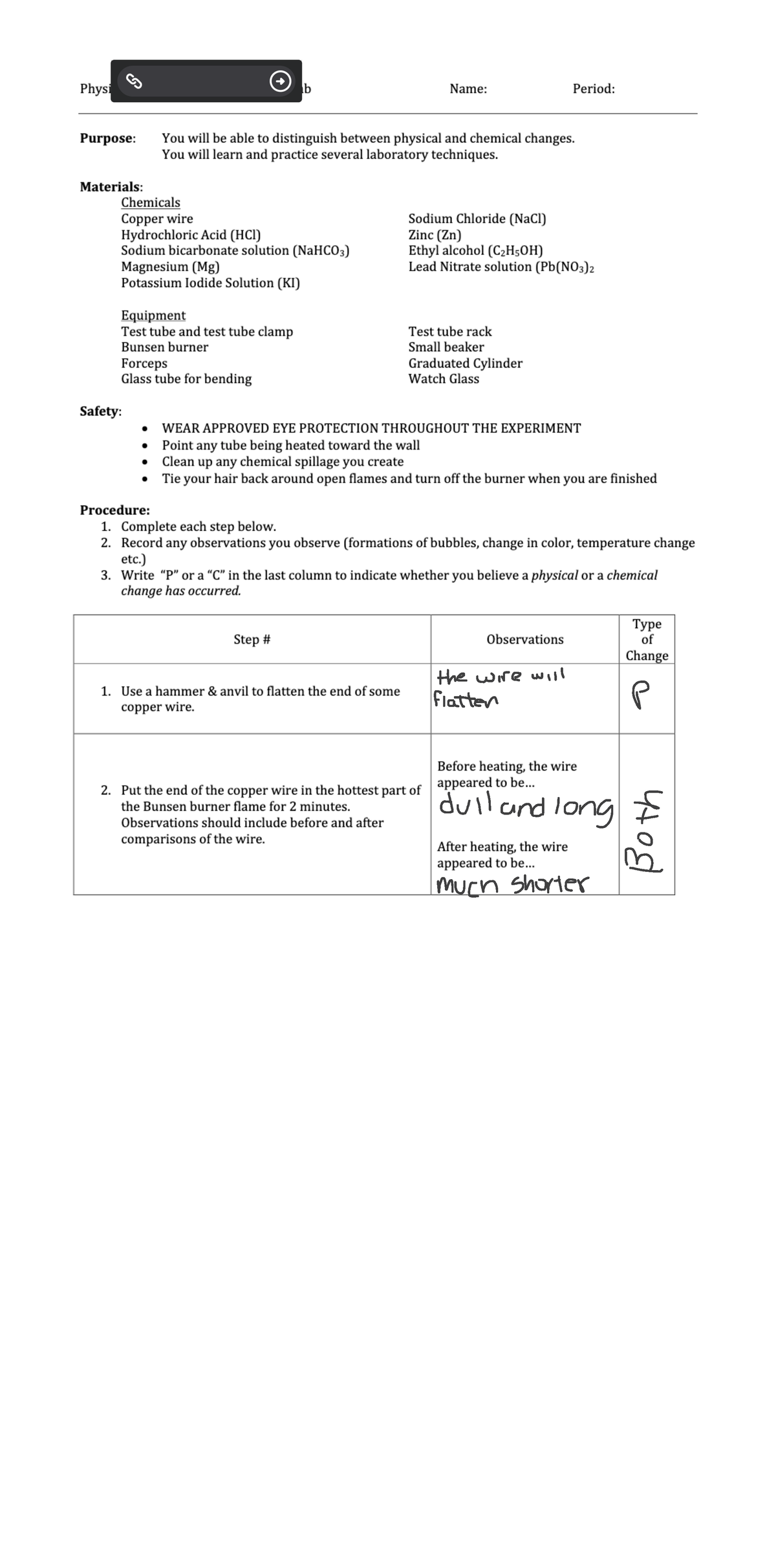 Physical Chemical Change Lab - Jane Forsberg - CHEM 3564 - UConn - Studocu