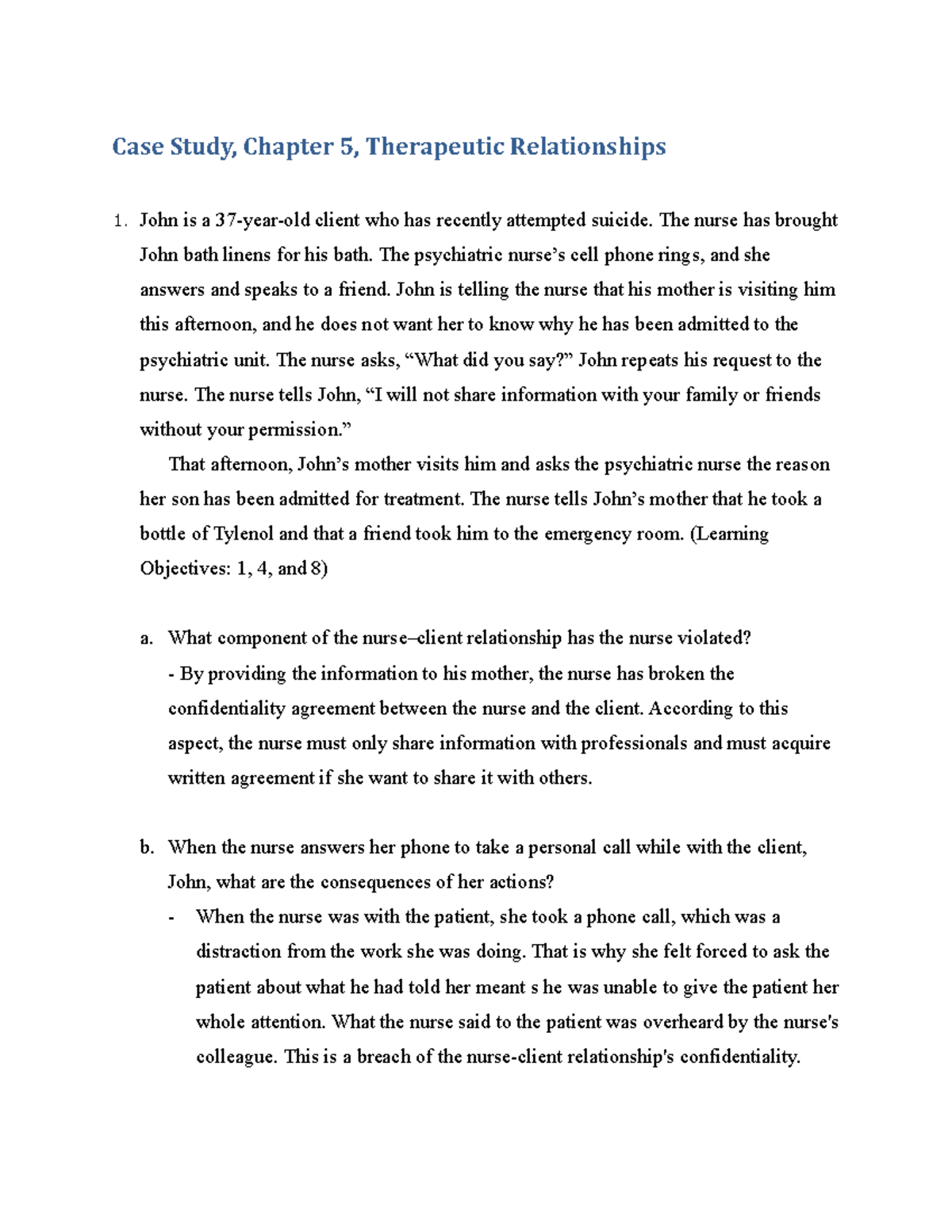 Videbeck 8e CS Chapter 05 - Case Study, Chapter 5, Therapeutic ...