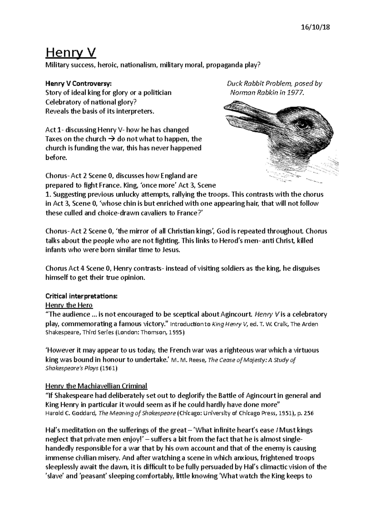 Henry V - EN1106 - 16/10/ Henry V Military success, heroic, nationalism ...