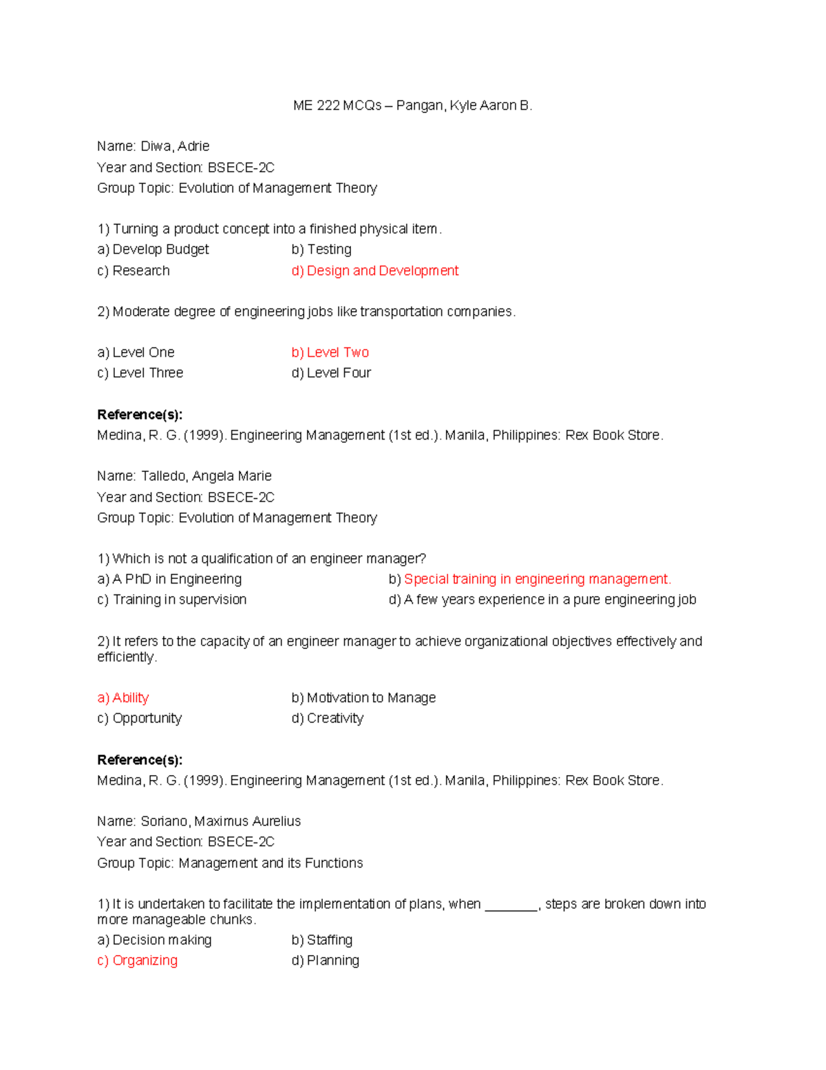 ME 222 MCQs - Pangan, Kyle Aaron B - Name: Diwa, Adrie Year and Section ...