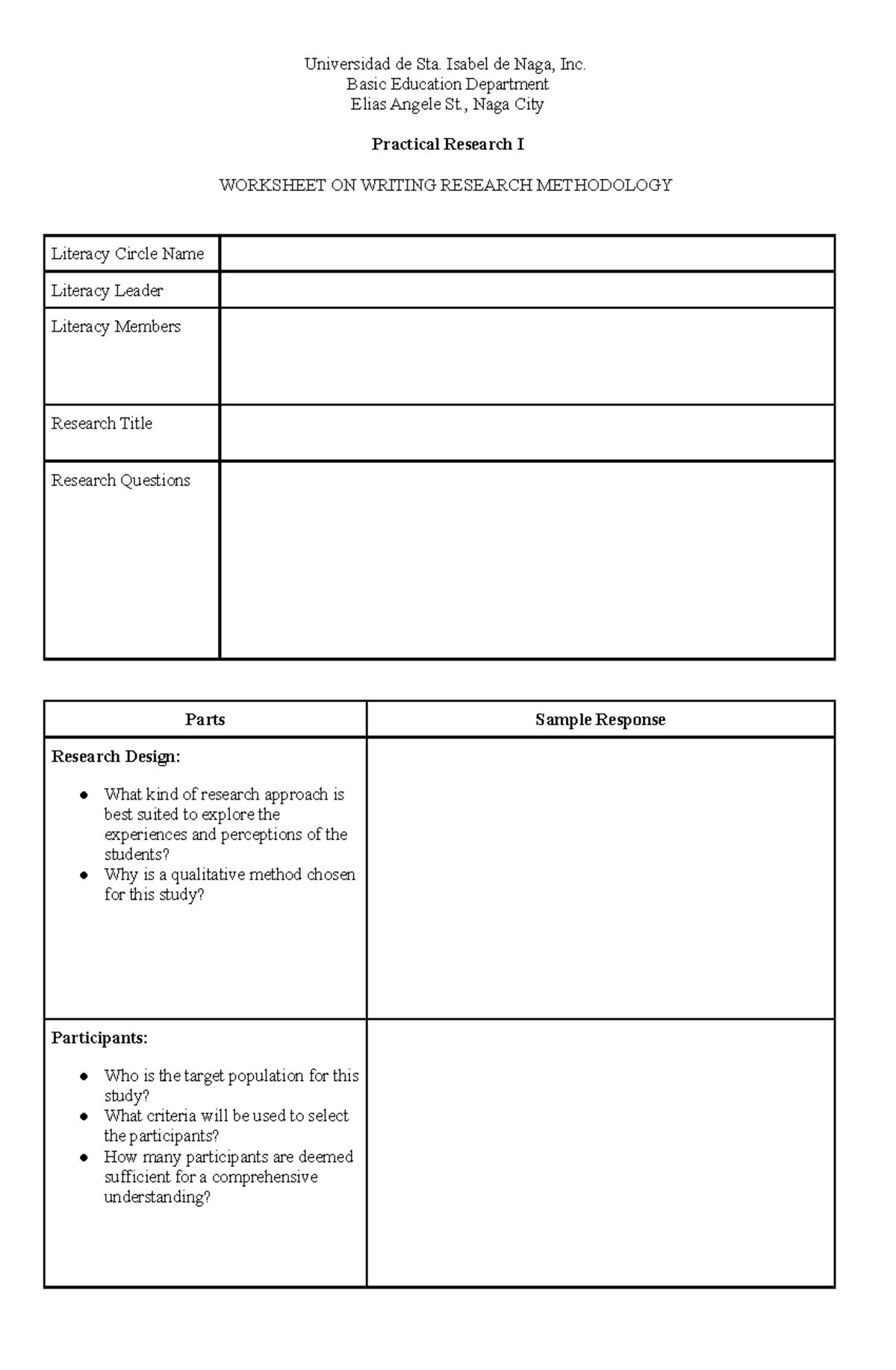 Practical Research 1 Worksheet on Writing Methodology - Universidad de ...