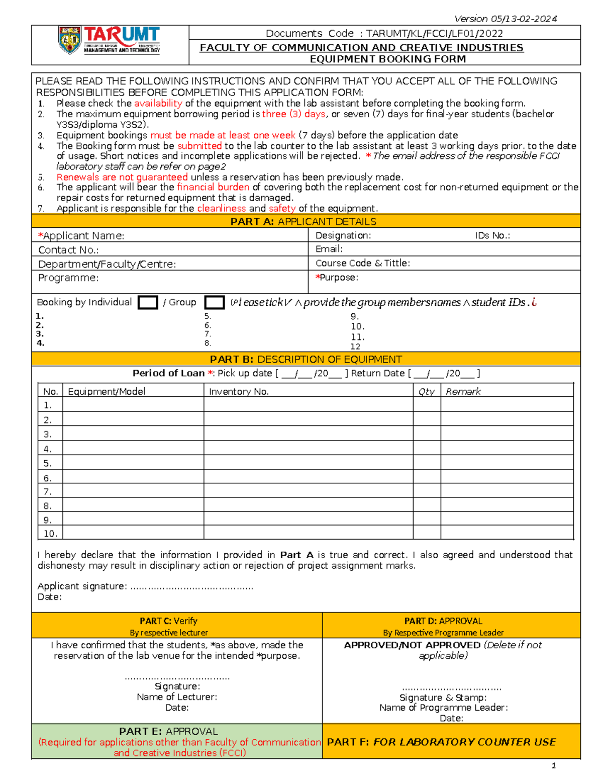 Equipment Booking Form Version 05 - Version 05/13-02- Documents Code ...
