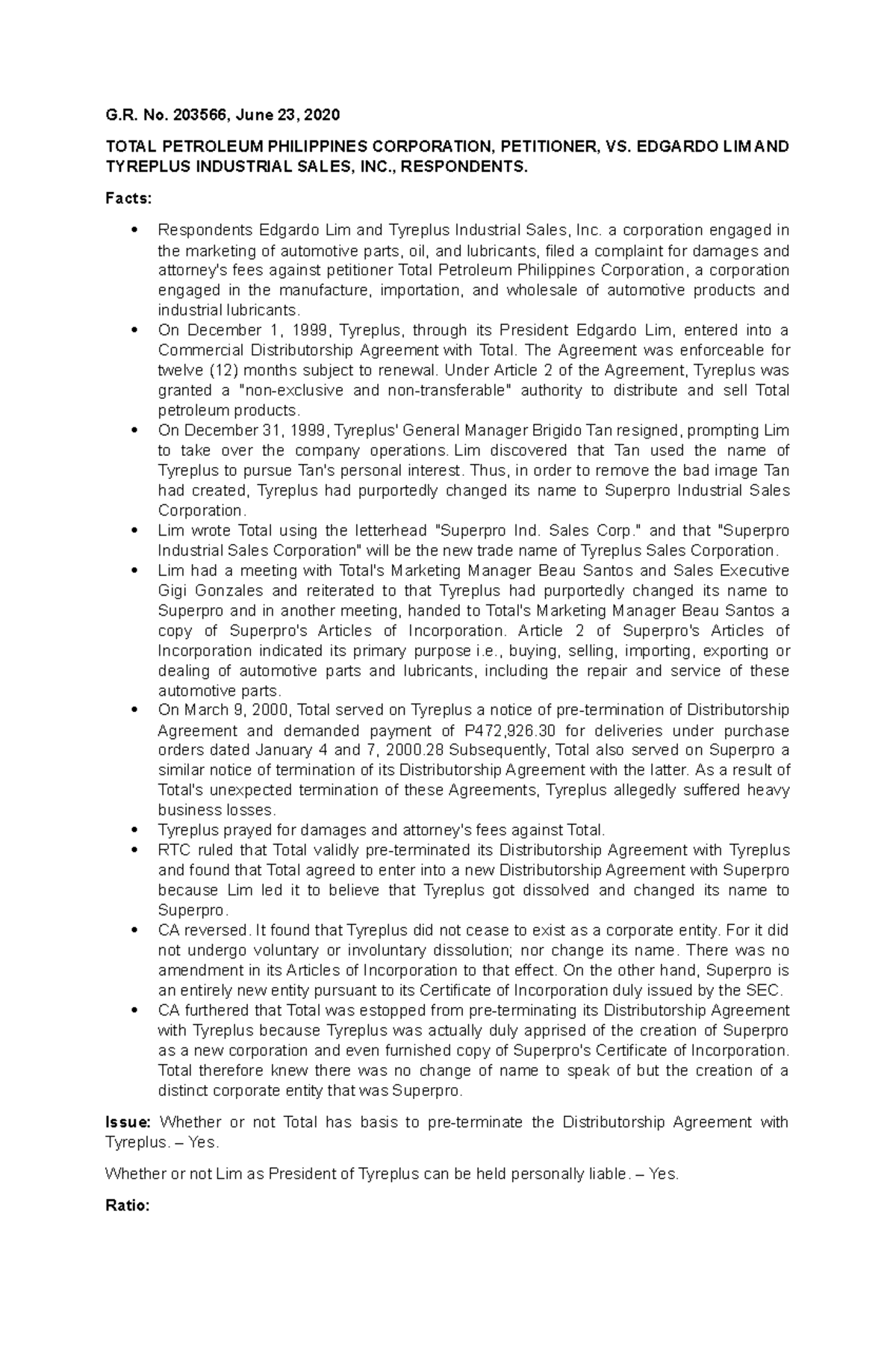 Total Premium v. Lim - Case Digest - G. No. 203566, June 23, 2020 TOTAL PETROLEUM PHILIPPINES ...