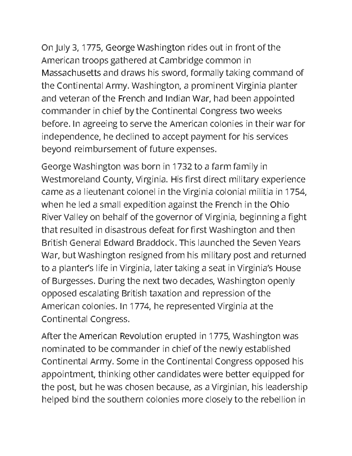 Continential Army - Lecture Notes - On July 3, 1775, George Washington ...